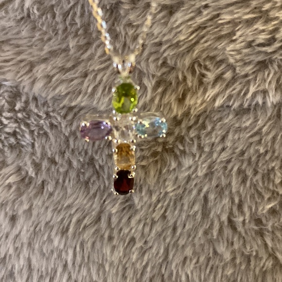 Jewelry | Multi Gem Cross Pendant With Silver Chain | Poshmark